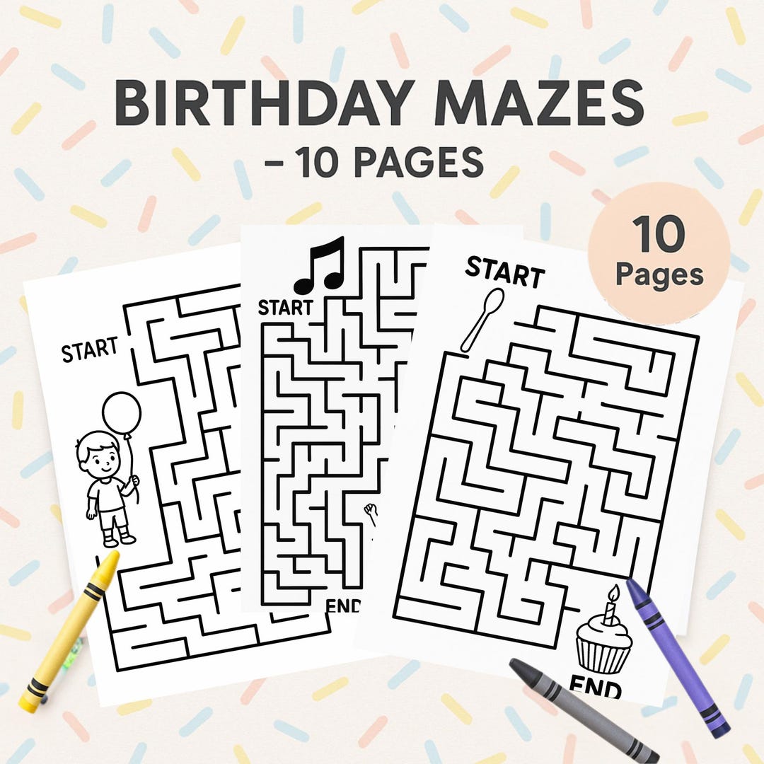 Birthday Mazes for Kids | 10 Printable Activity Pages | Birthday Party ...