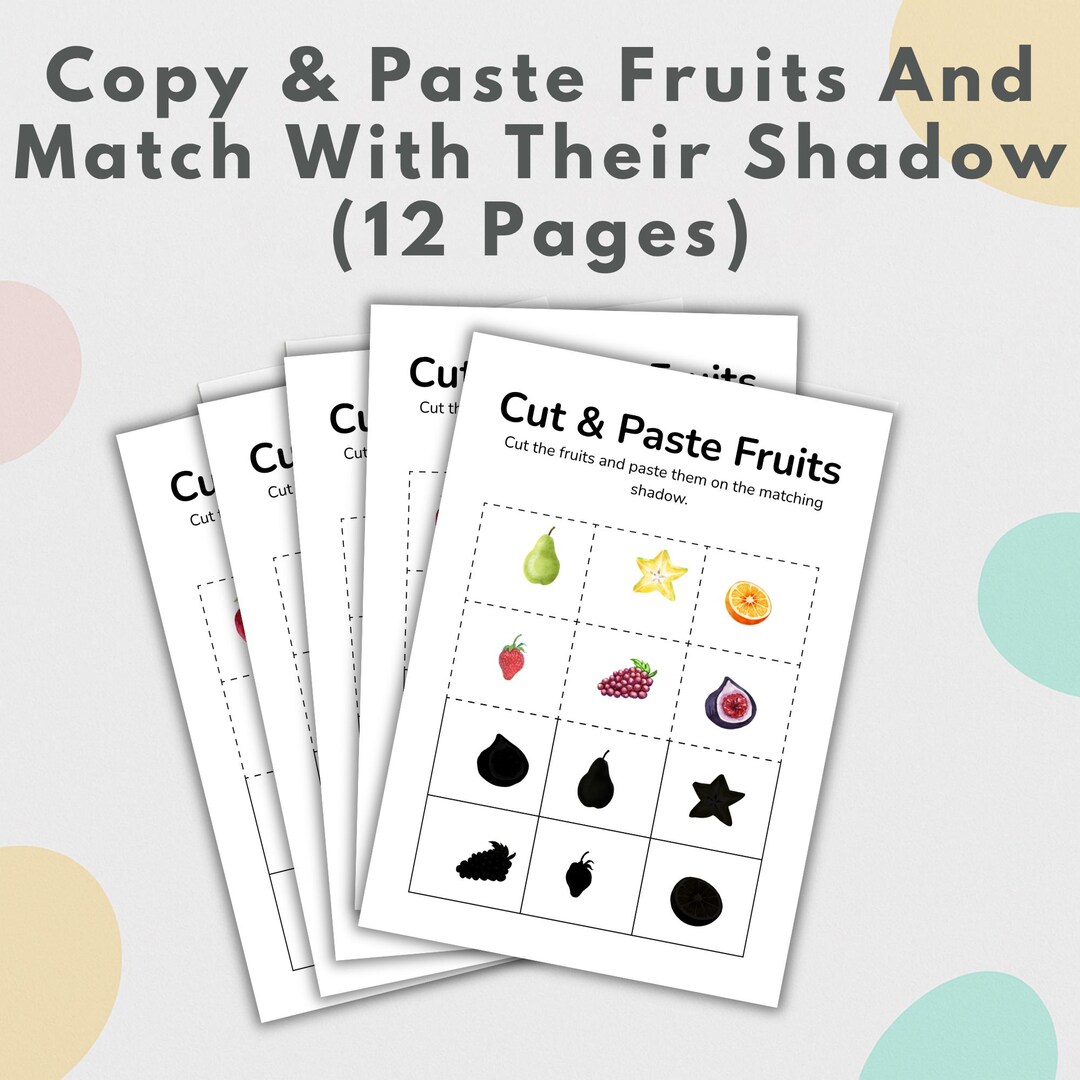Fruit Cut and Paste Worksheets PDF | 12 Shadow Matching Activity Pages ...