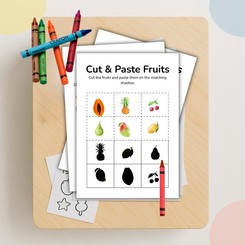 Fruit Cut and Paste Worksheets PDF | 12 Shadow Matching Activity Pages ...