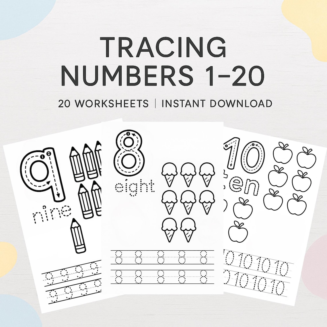 Tracing Numbers 1–20 Worksheets | 20 Printable Preschool & Kindergarten ...