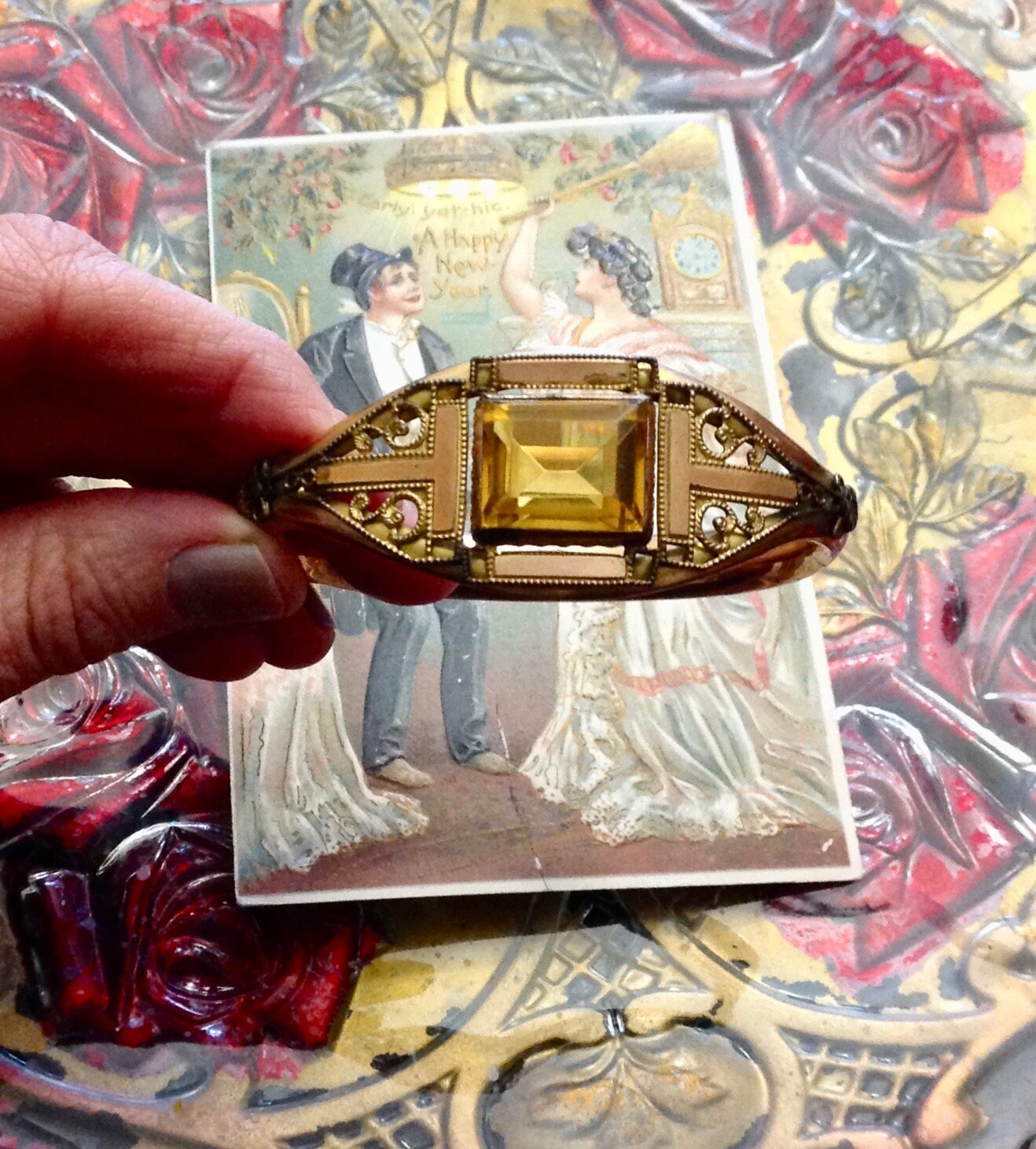 Antique Victorian S.O. Bigney & Co Gold Filled Faux Topaz Ornate Bangle ...