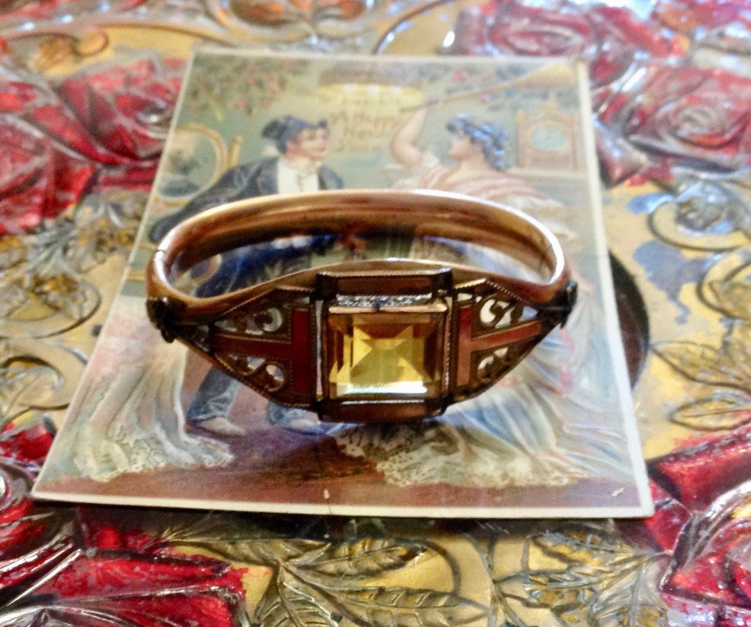 Antique Victorian S.O. Bigney & Co Gold Filled Faux Topaz Ornate Bangle ...
