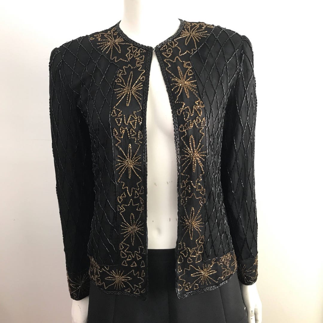Vintage 80's Black and Gold Beaded Jacket Cardigan Womens Small - Etsy