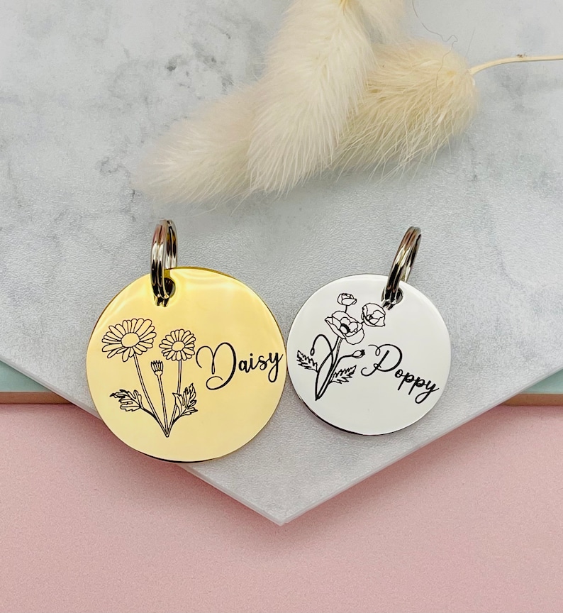 Birth Flower Pet ID Tag, Dog Tag, Cat Tag, Pet Tags, Floral ID Tag ...