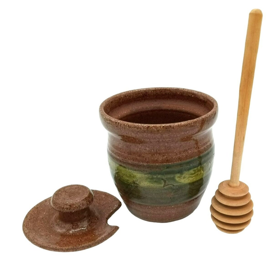 Brown Green Ceramic Lidded Honey Pot With Comb Stirrer Jar Vintage ...