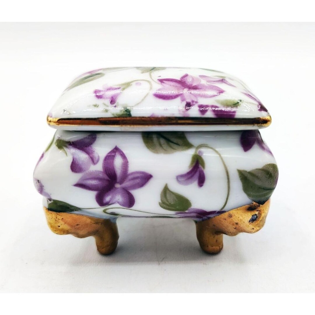 Trinket Box Vintage Japan Porcelain Purple Violets Gold Trim Footed ...