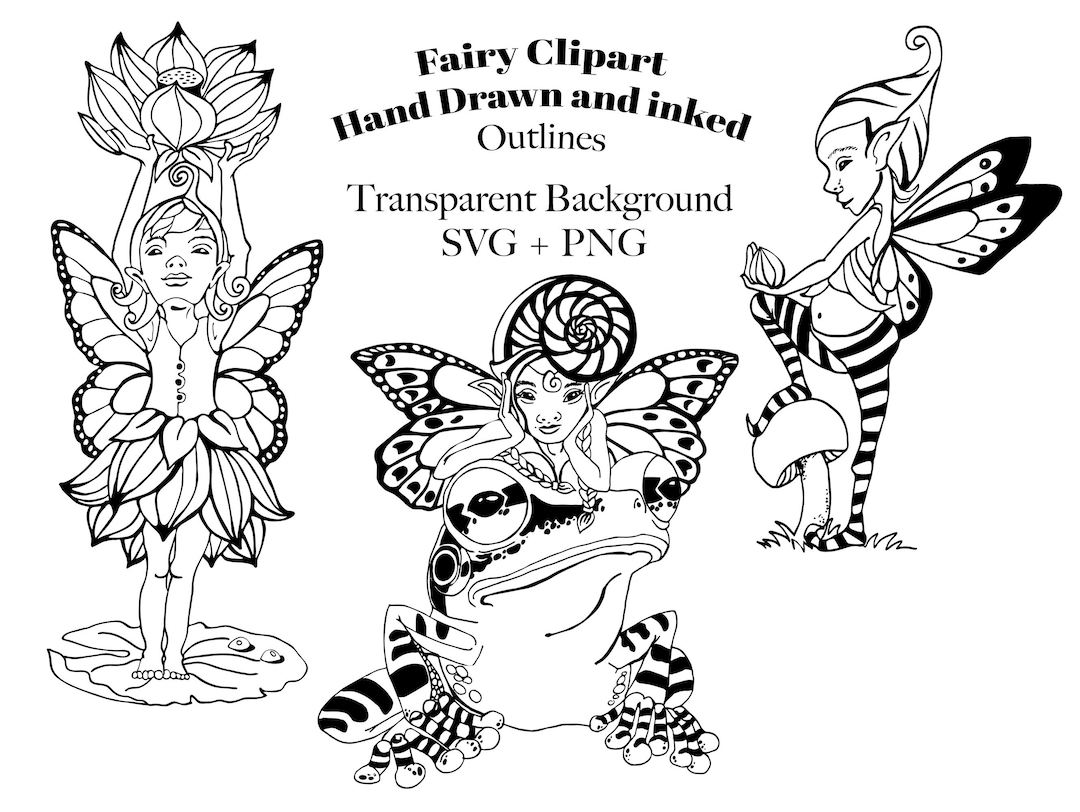 Fairy Clipart SVG - Black and White Fairy Line Art - Flower Fairy Clip ...