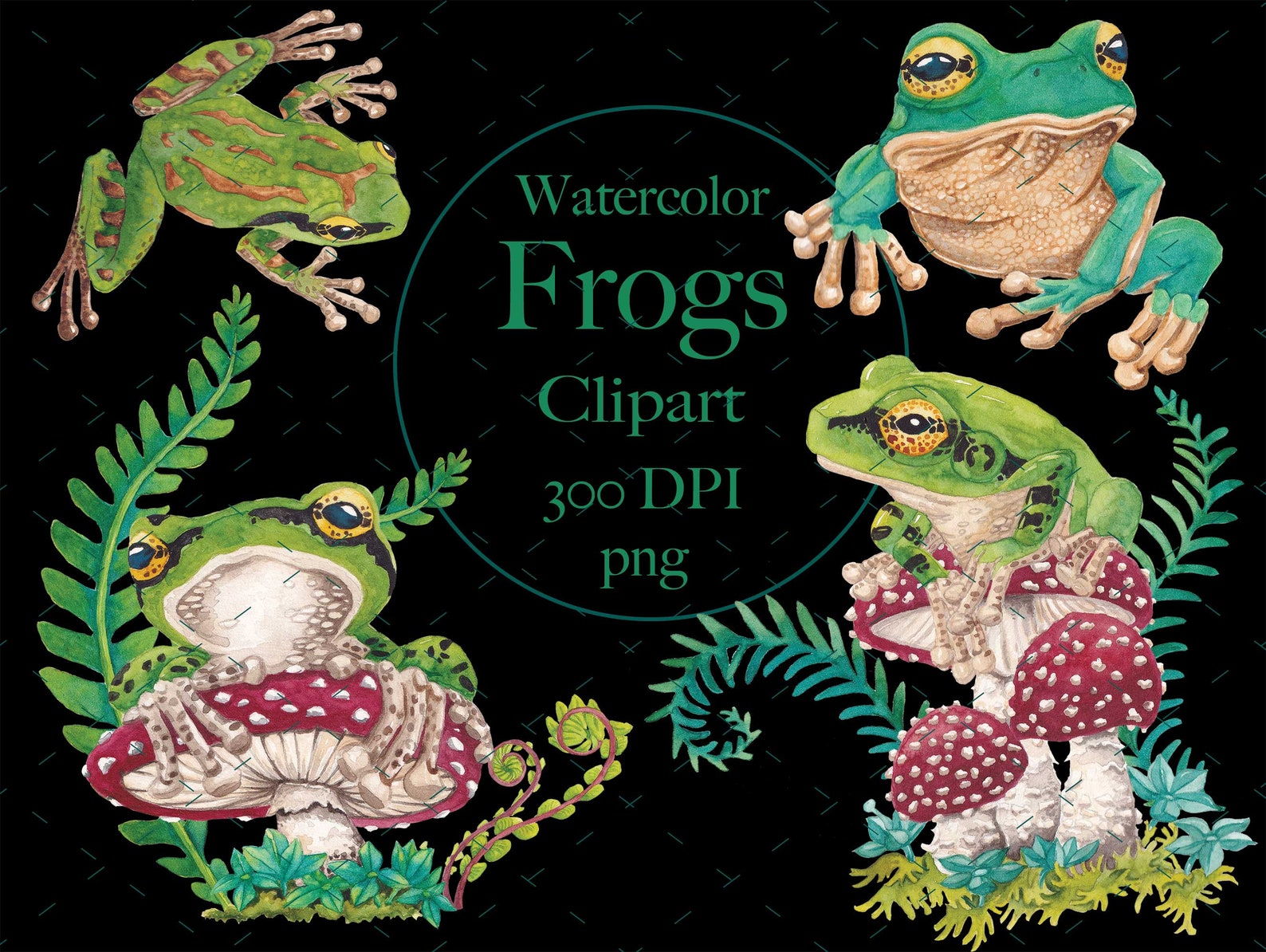 Frog Clipart Bundle - Tree Frog Clip Art - Mushroom - Fern - Frog ...