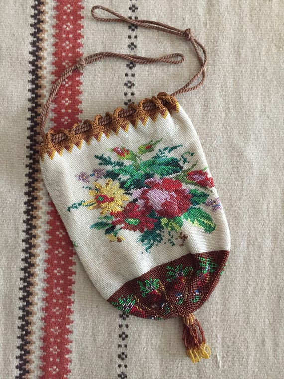 VINTAGE BEADED RETICULE DRAWSTRING BAG PURSE - Gem