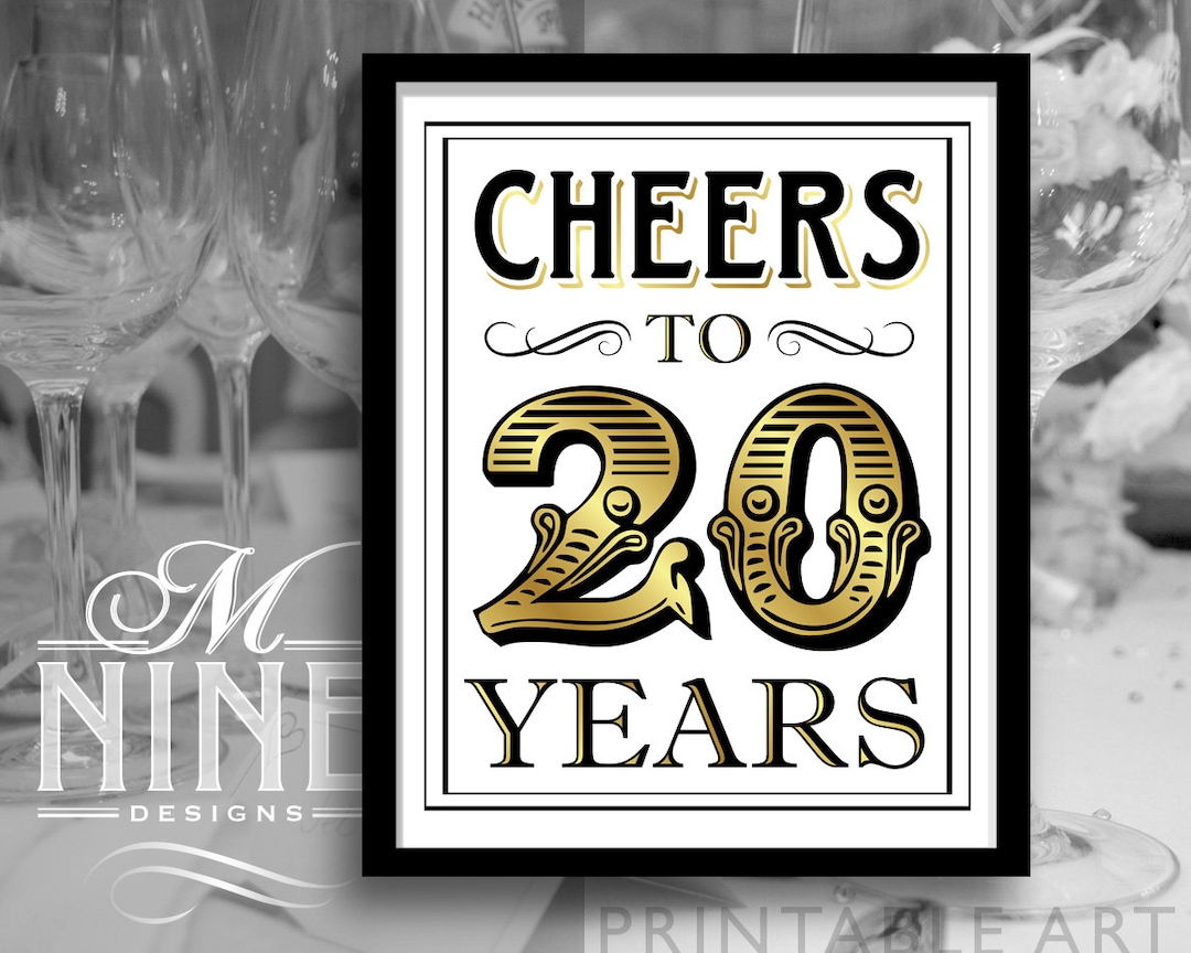 20th Anniversary Party Sign Printable, Cheers to 20 Years, Vintage 20th ...