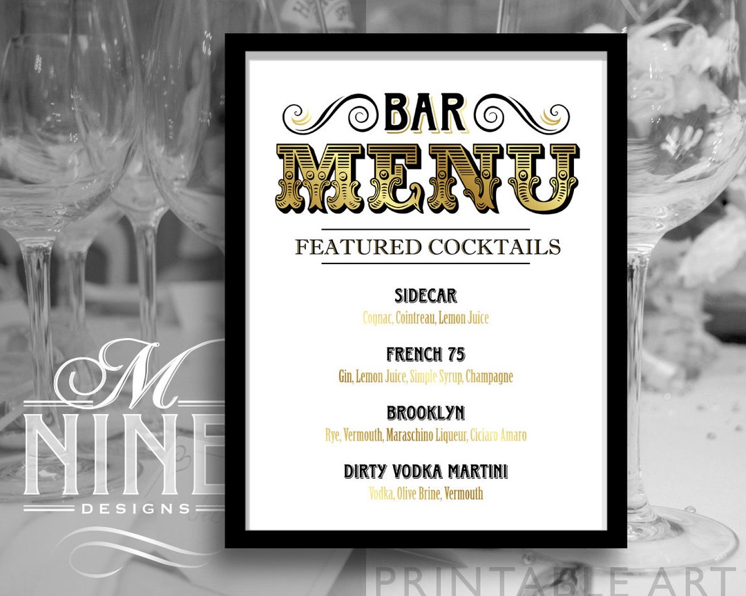 Wedding Party Bar Menu Printable, Custom Bar Menu, Vintage Party Bar ...