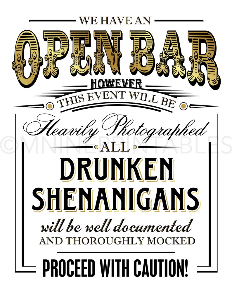 Gold Wedding Sign Printables OPEN BAR Drunk Shenanigans Sign | Etsy