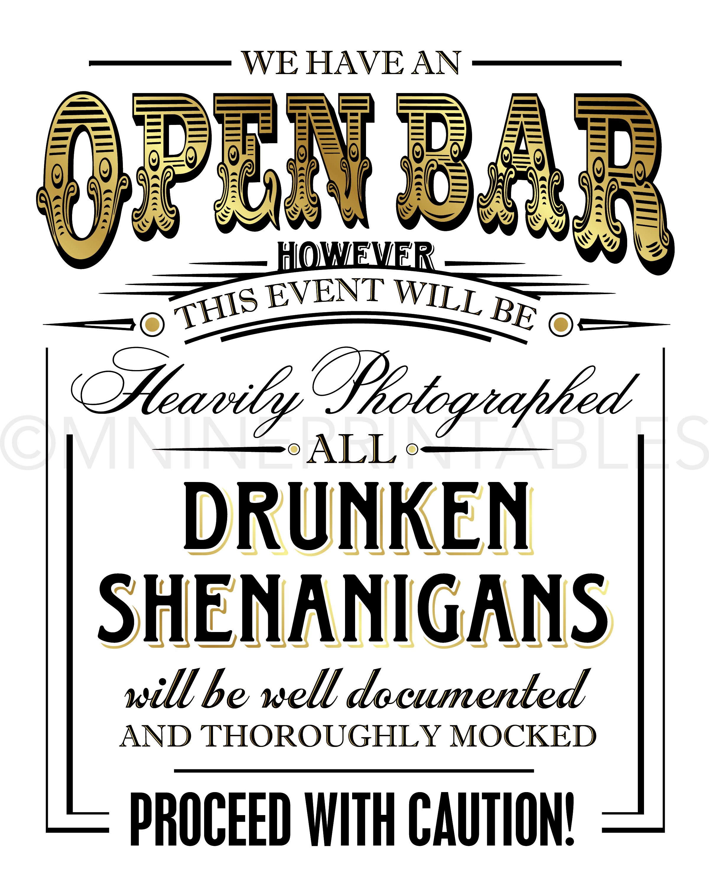 Gold Wedding Sign Printables OPEN BAR Drunk Shenanigans Sign | Etsy