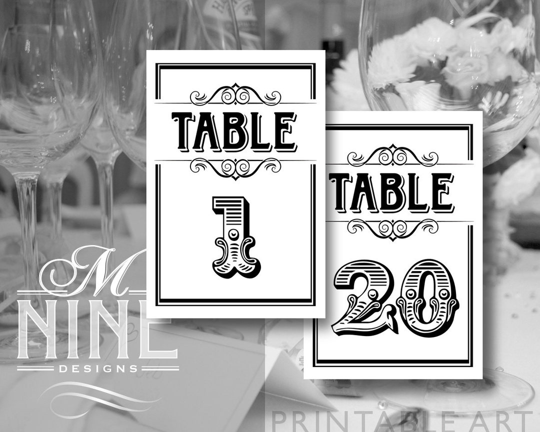 Black and White Printable TABLE NUMBERS 1-20 Vintage Party Download ...