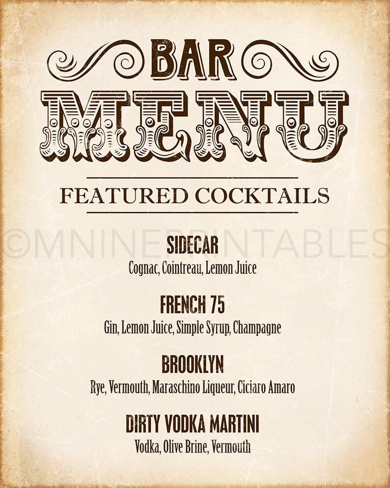 Custom BAR Menu Printable Sign Vintage Party Signs Rustic - Etsy