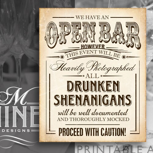 Open Bar Sign Printables OPEN BAR Drunk Shenanigans Sign | Etsy