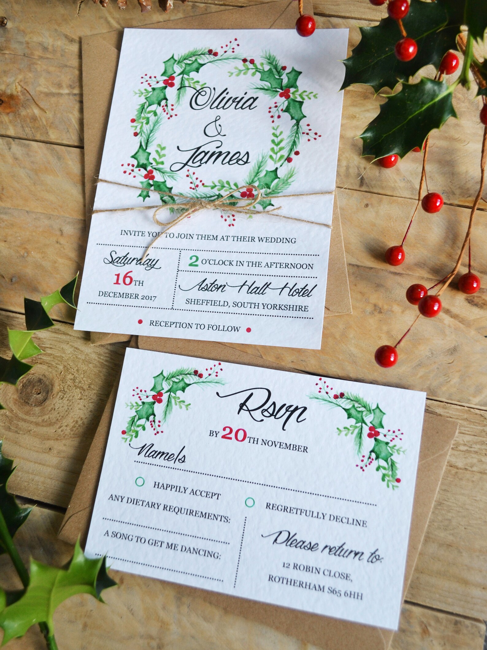 Rustic Christmas Wedding Invitation RSVP Watercolour - Etsy UK