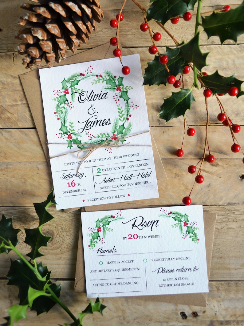Rustic Christmas Wedding Invitation RSVP Watercolour - Etsy UK