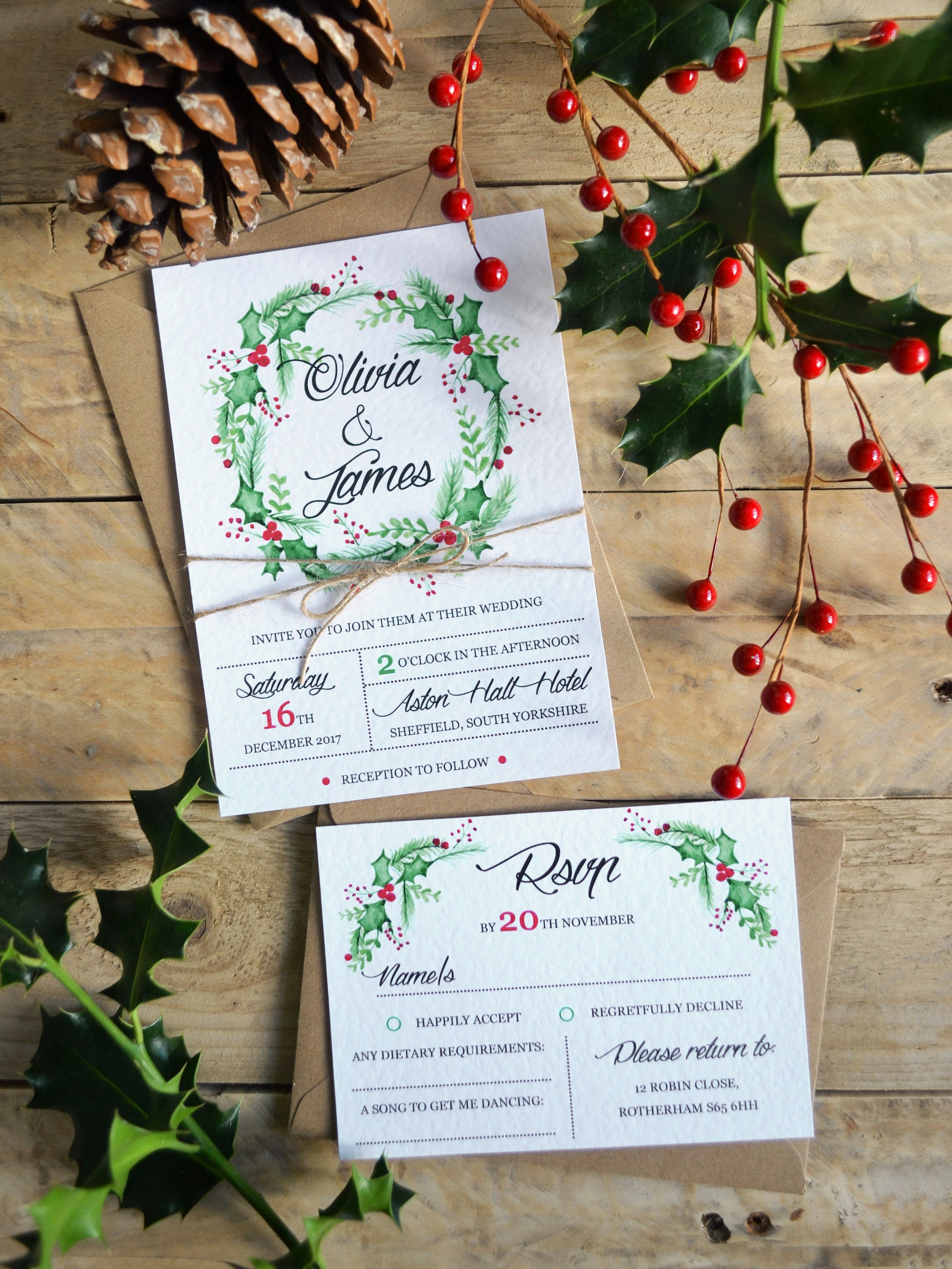 Rustic Christmas Wedding Invitation RSVP Watercolour - Etsy UK