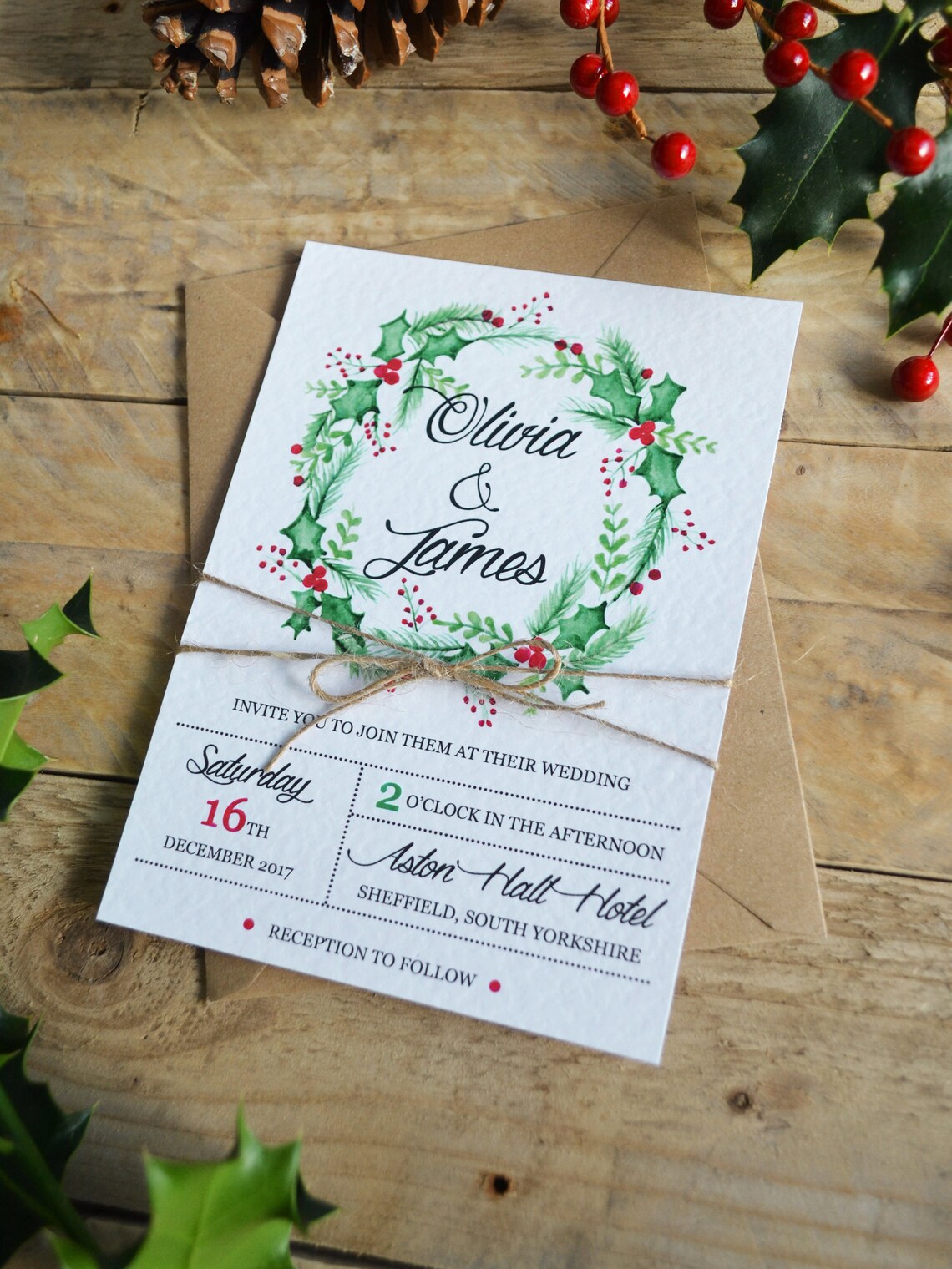Rustic Christmas Wedding Invitation RSVP Watercolour - Etsy UK