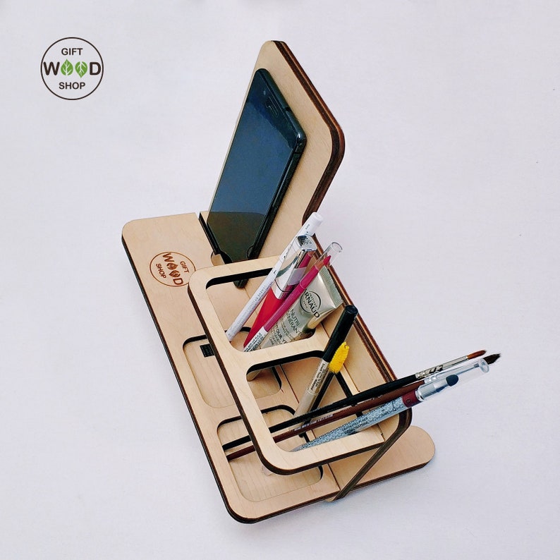 Wooden phone office stand desk organizer with pen holder | Etsy