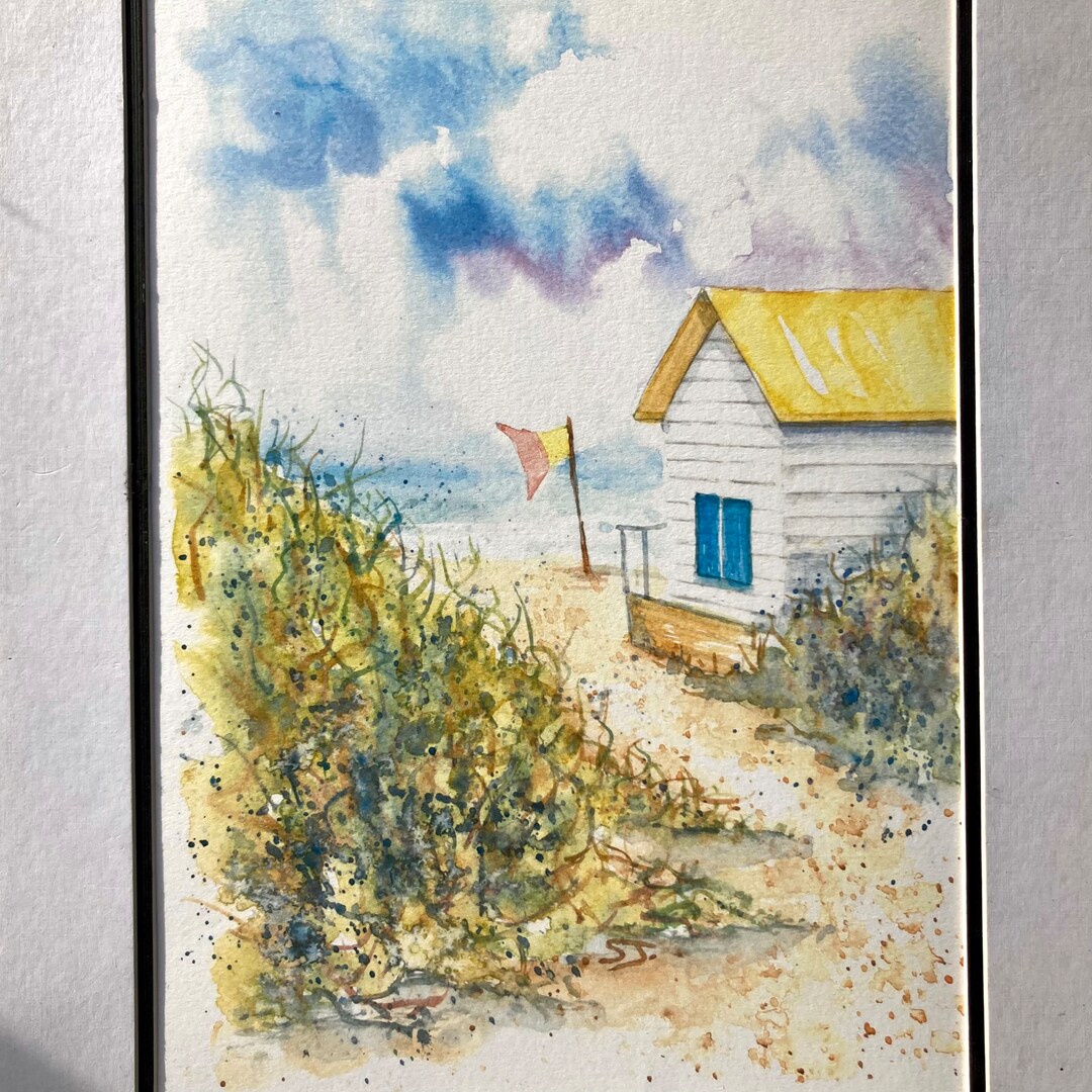 Original Watercolour Print of English Seascape, Sand Dunes, Beach Huts ...
