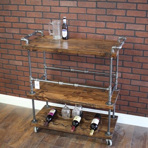Custom Industrial Pipe and Wood Bar Cart – Rustic Whiskey and Wine Cart ...