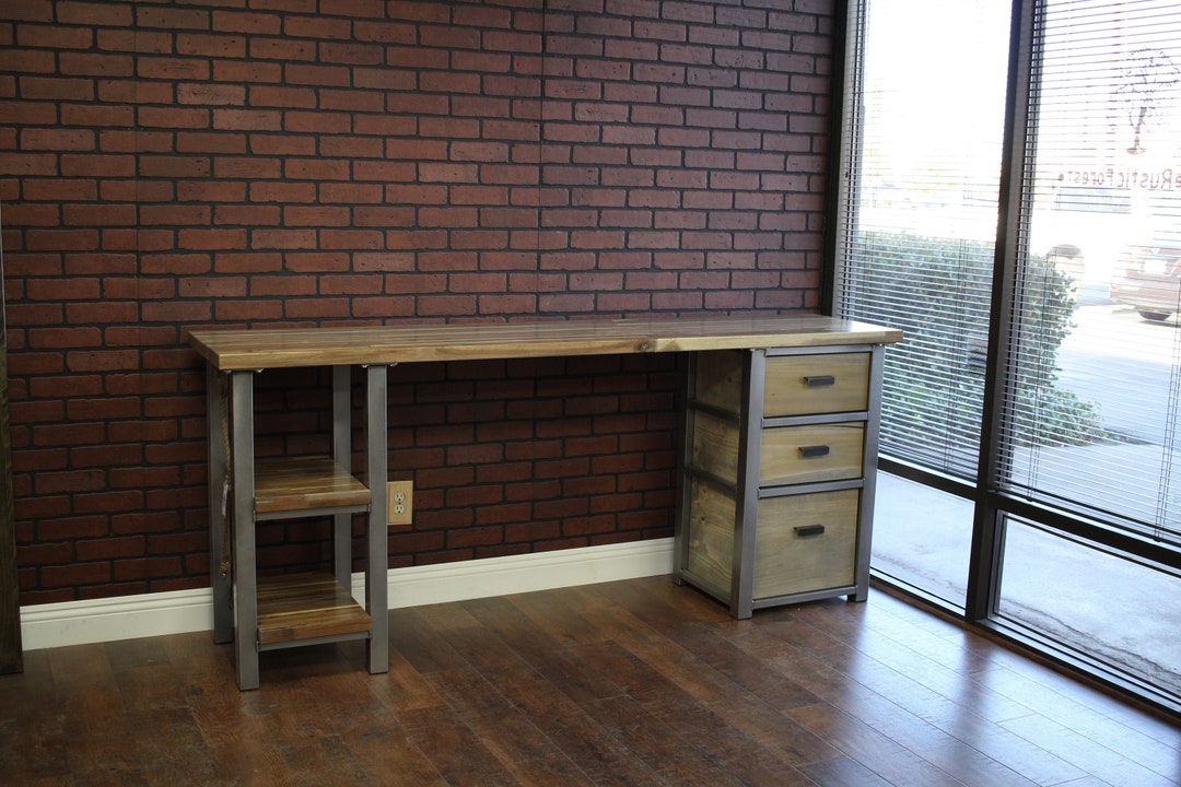 Desk With 3 Drawers and Shelves, Wood Metal Desk, Executive Desk, Solid ...