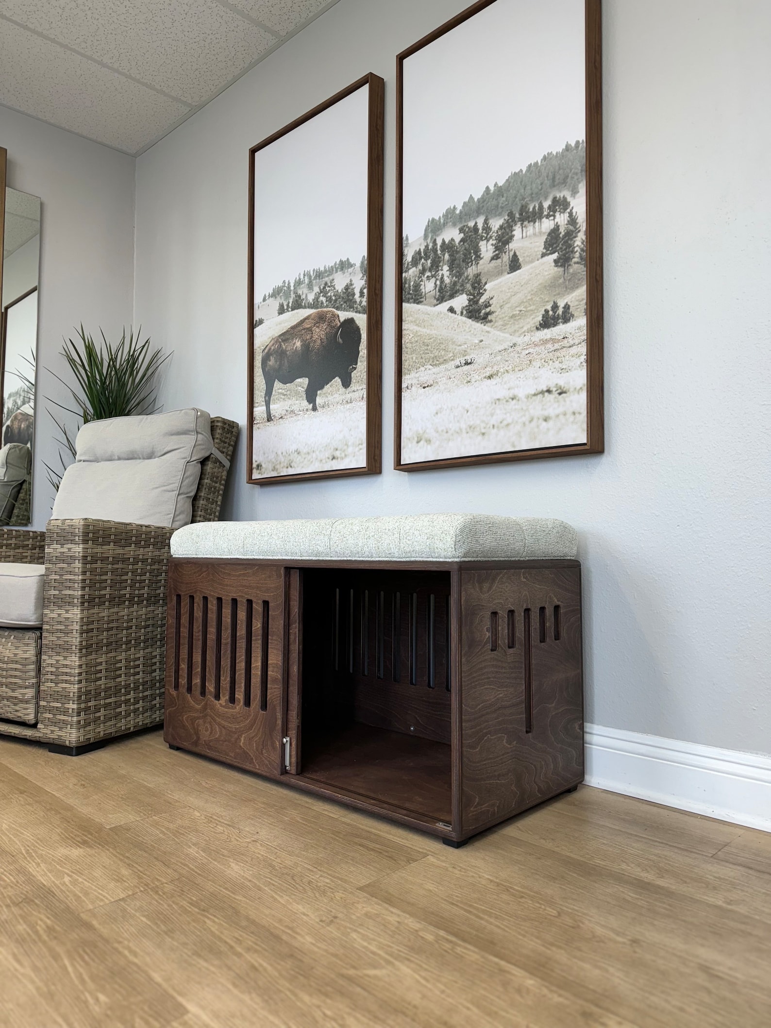 Solid Wood Dog Crate Bench, Modern Scandinavian Kennel With Cushion ...