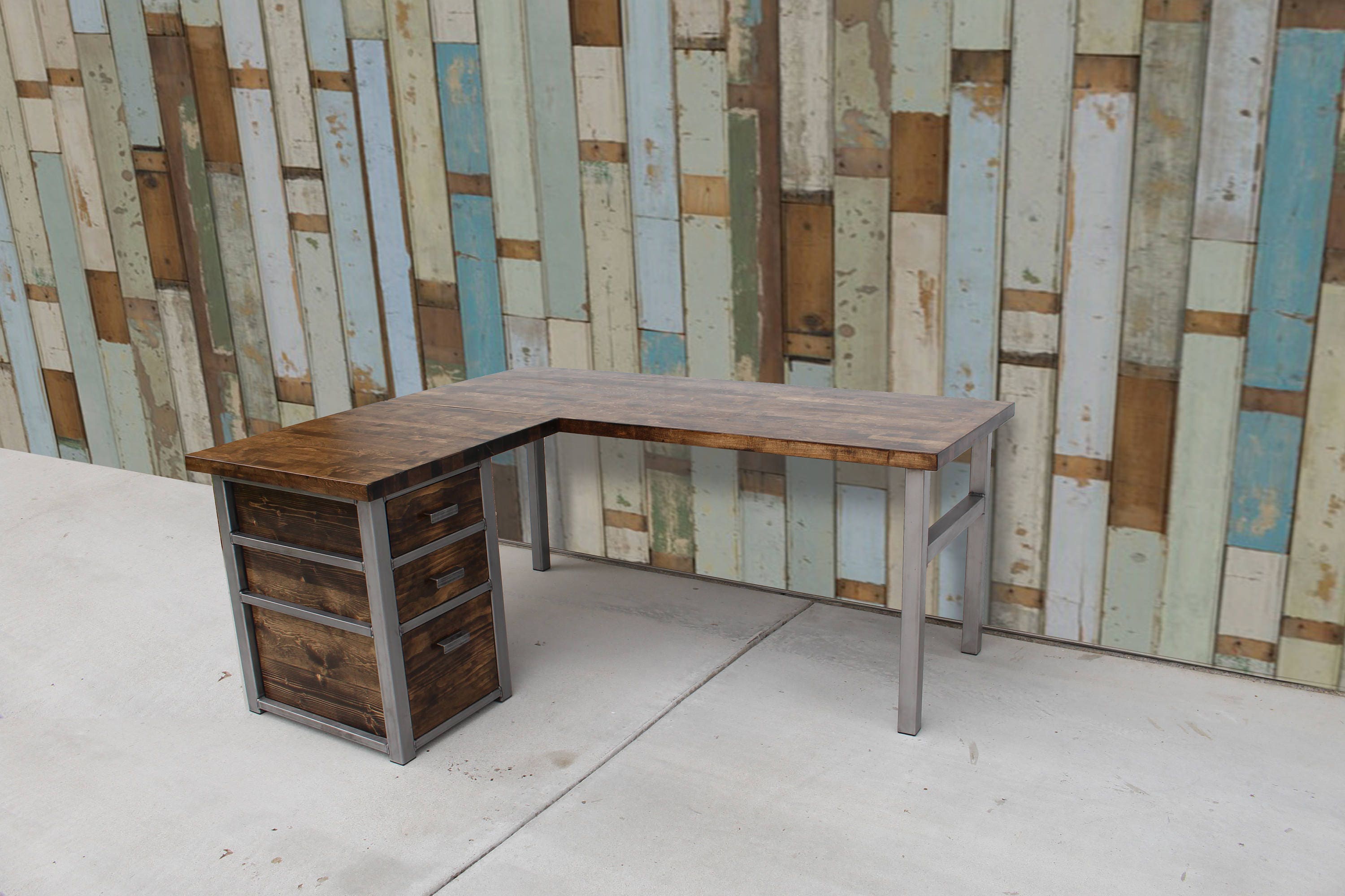 Rustic L-Shaped Desk w/ Cabinet Wood Butcher Top steel legs