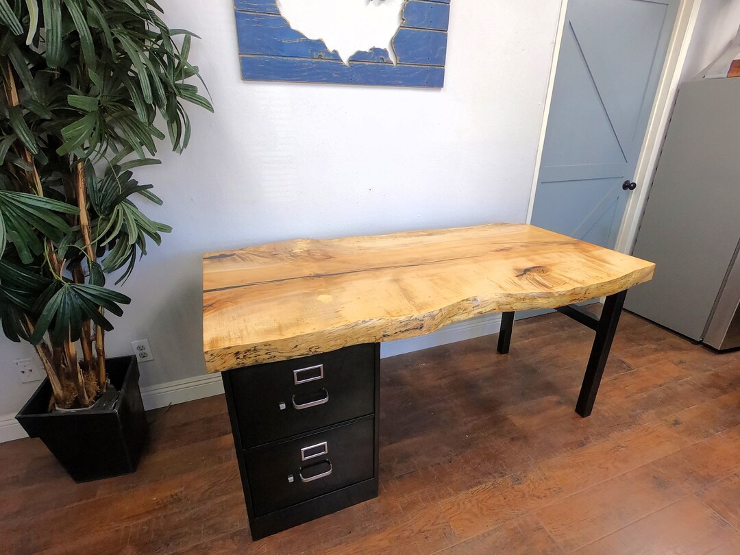 Live Edge Slab Desk / 2 Drawer Steel Cabinet Solid Wood Top and Steel ...