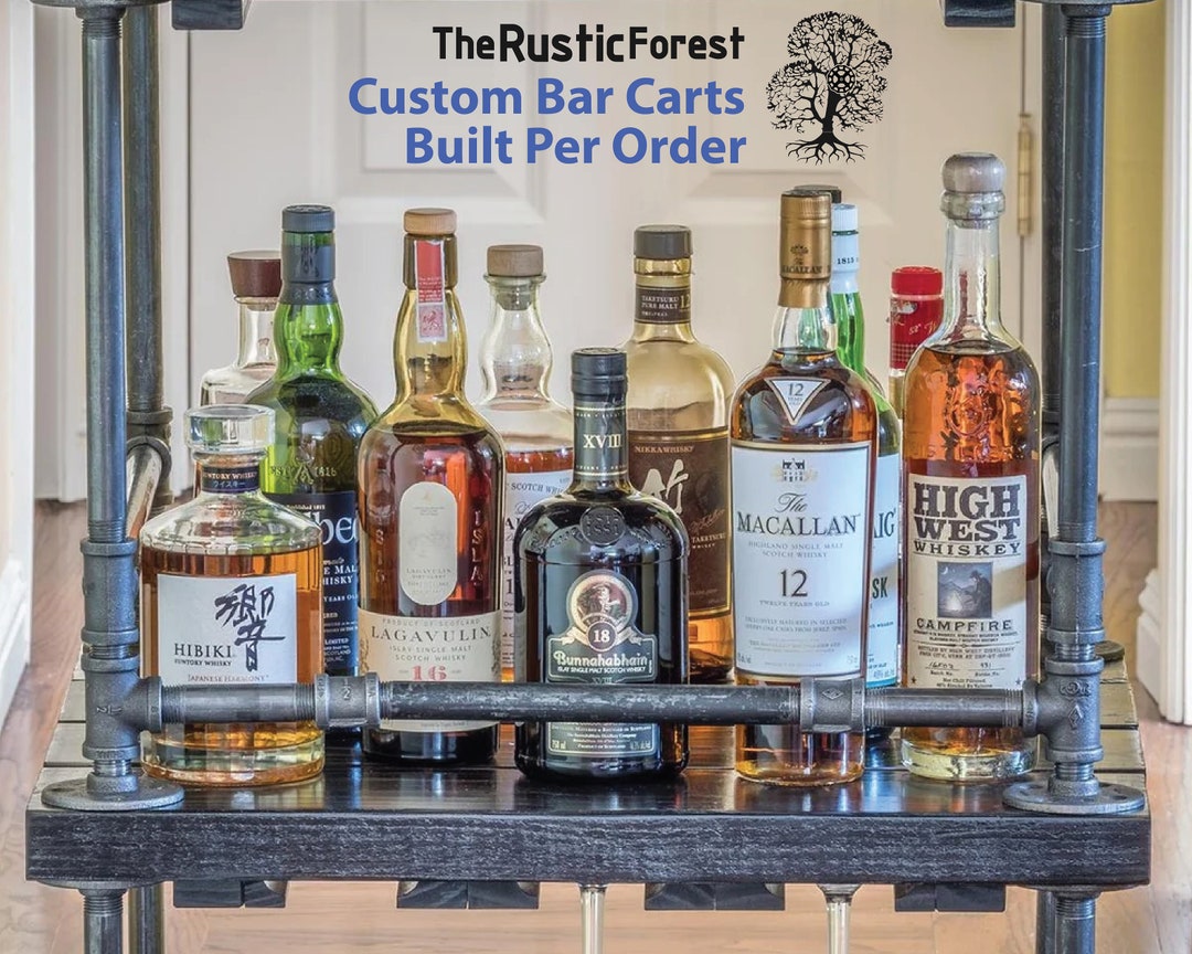 Custom Industrial Pipe and Wood Bar Cart – Rustic Whiskey and Wine Cart ...