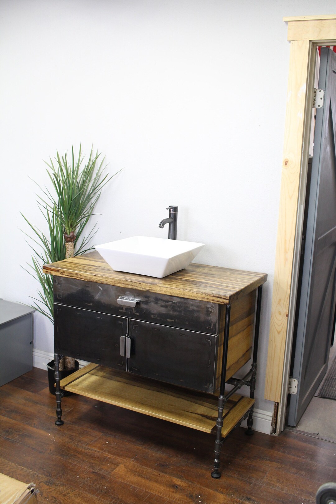 Industrial Oak Bathroom Vanity Cabinet With Metal Doors and Pipe Legs ...