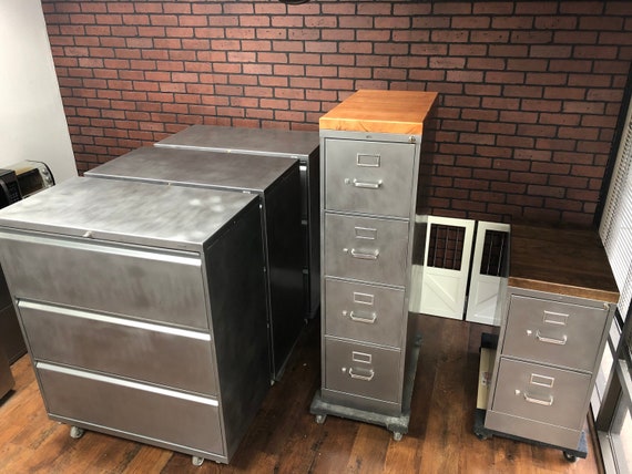 Metal Filing Cabinet 4 Drawer Refinished Wood Top Industrial Cabinet Rustic Home Office Urban Modern Living Furniture Etsy UK