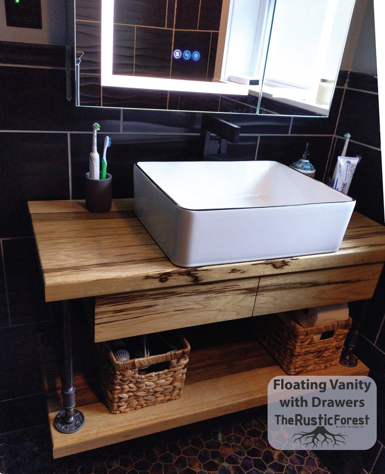 Floating Bathroom Vanity With 2 Drawers and Pipe Solid Wood - Etsy