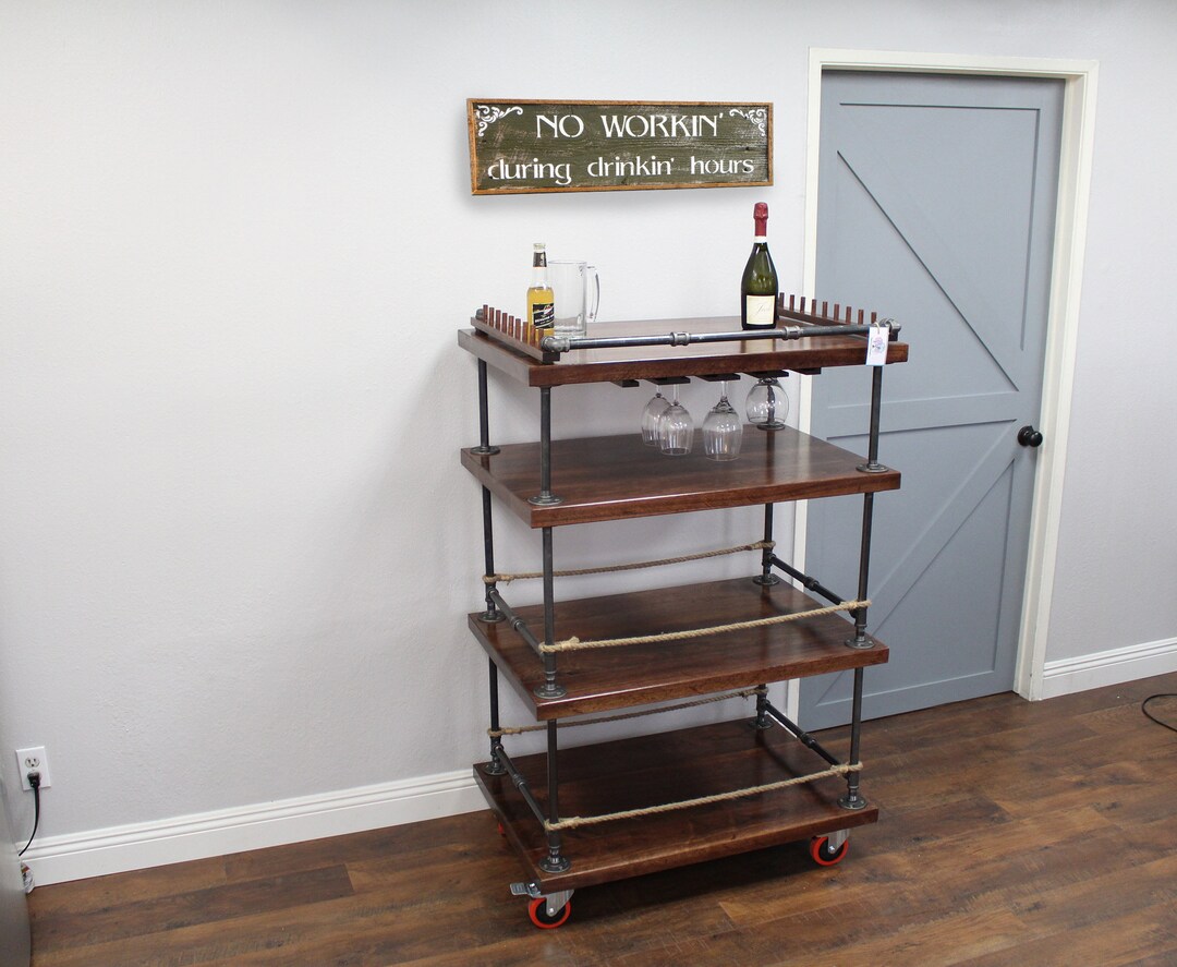 Bar Cart 4 Level - Rustic Industrial Pipe & Wood Bar / Large Bar ...