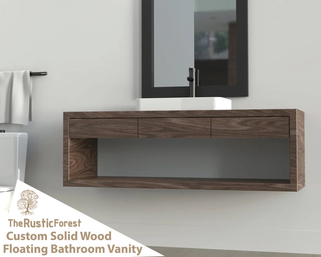 Floating Bathroom Vanity With 2 Drawers - Solid Wood / Modern Restroom ...