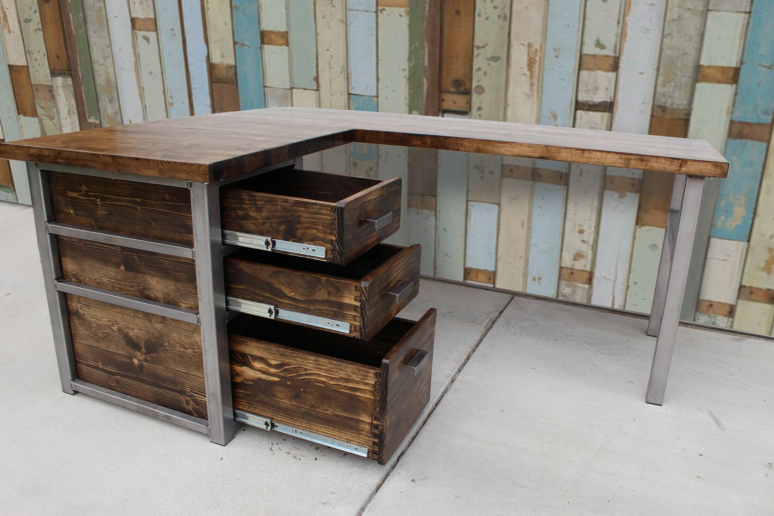 L-shaped Desk Cabinet and 3 Drawers Rustic Wood and Steel - Etsy