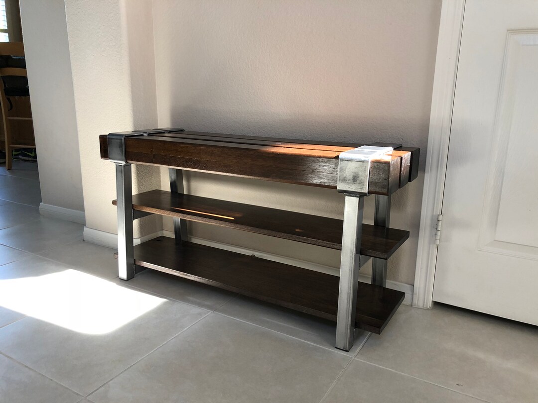 Industrial Shoe Bench for Entryway, Rustic Modern Bench, Steel and Wood ...