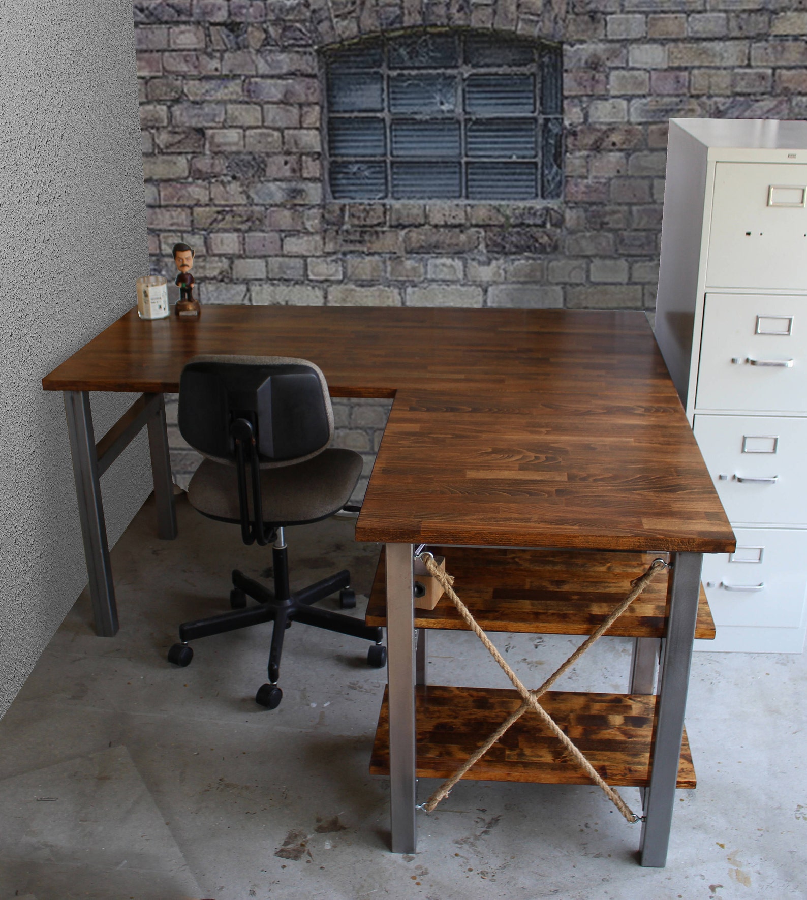 Rustic L-Shaped Desk w/ Solid Wood Butcher Top steel tube | Etsy