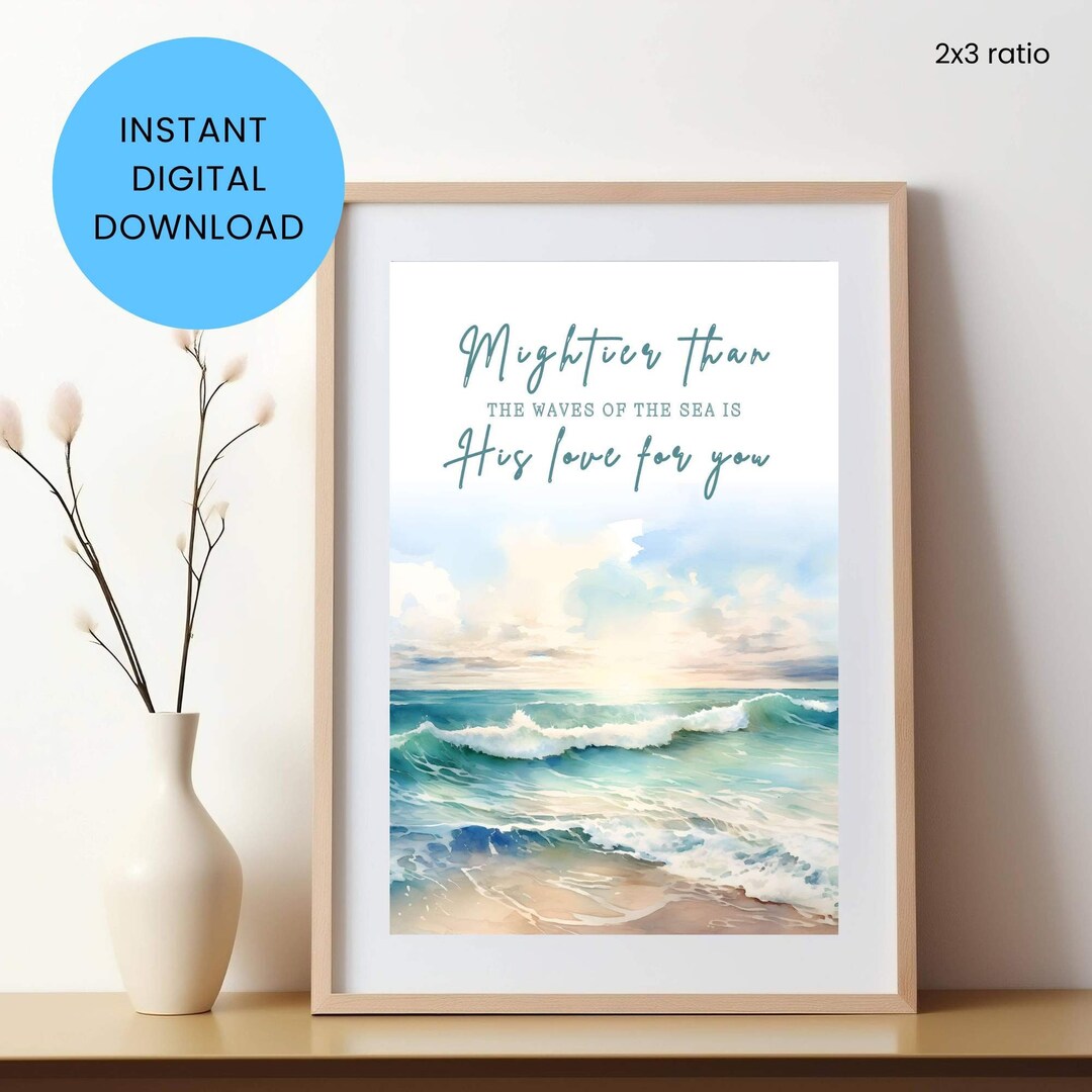 Mightier Than the Waves of the Sea, Sunrise Coastal Watercolor ...