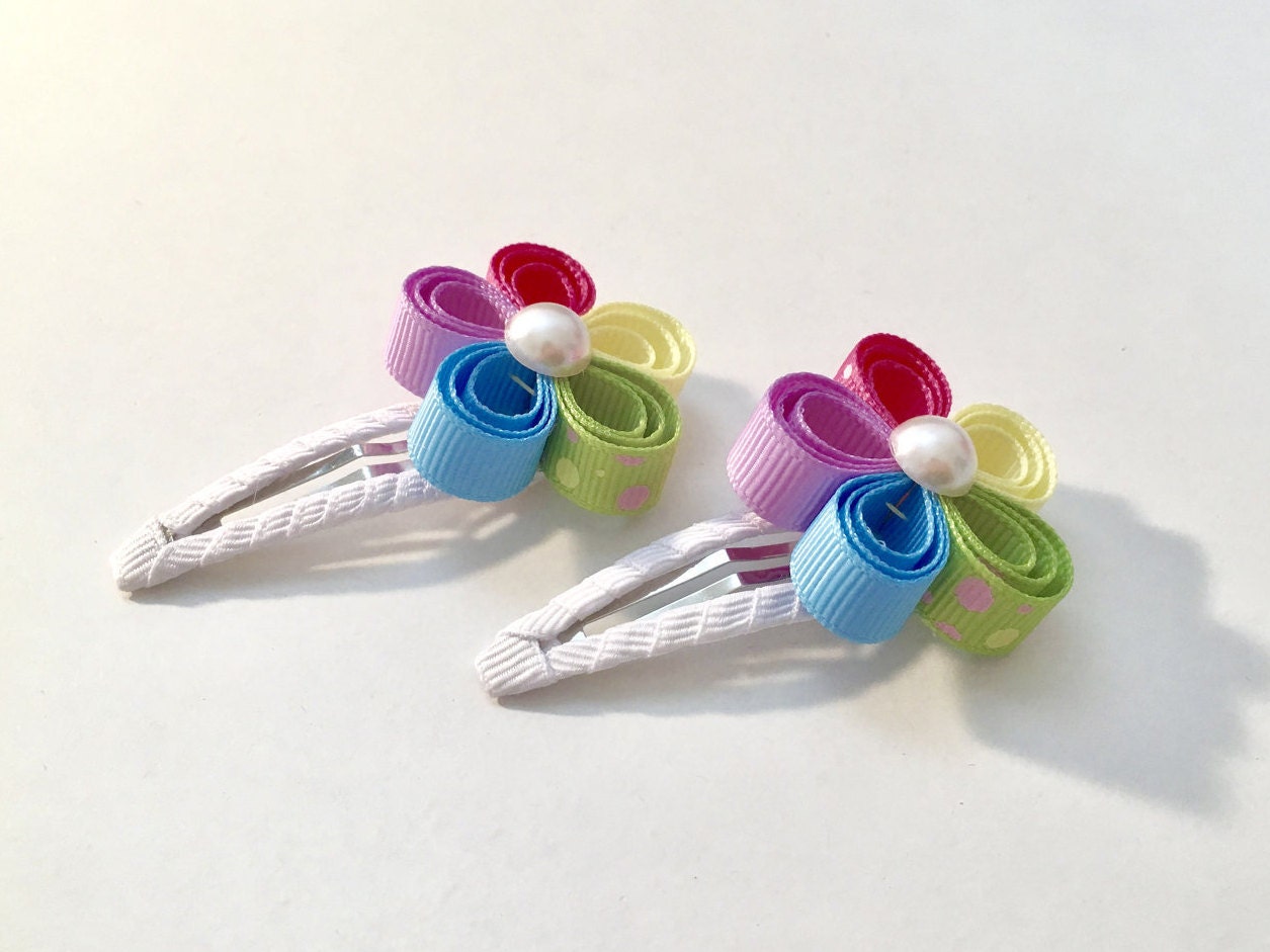 Colorful Flowers Snap Clip Set Girl's Ribbon Flower Hair | Etsy