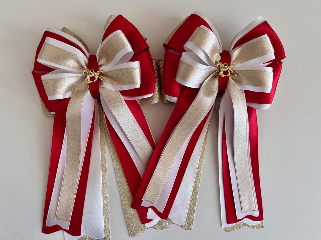Gold Shimmer, Red and White Horse Show Bows, Girl's Equestrian Bows Set ...