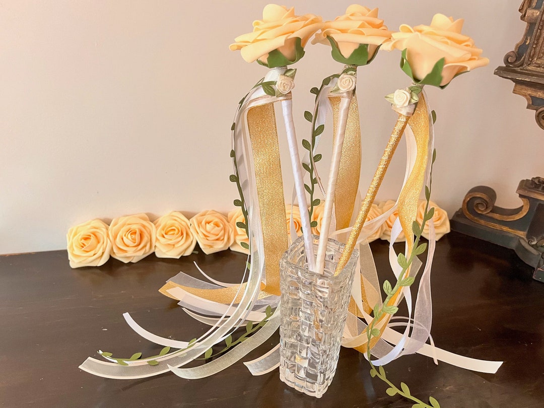 Soft Yellow Rose Ribbon Wand, Yellow Flower Girl Wands, Princess Wand ...