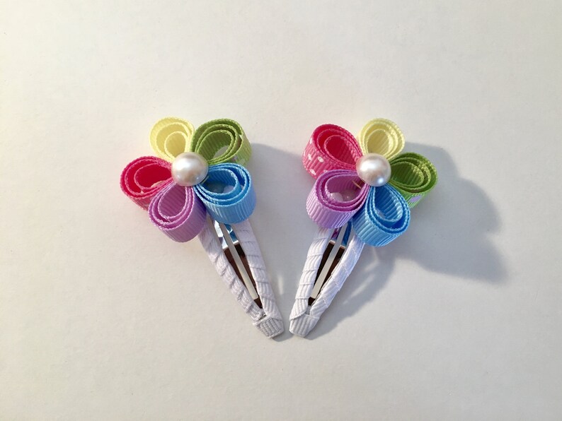 Colorful Flowers Snap Clip Set Girl's Ribbon Flower Hair | Etsy