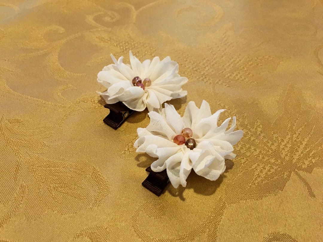 Ruffle Cream Flower Hair Clip Set: Beige Bows, Brown Beads - Etsy