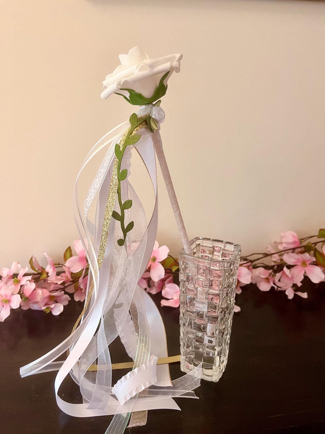 Deluxe White Rose Ribbon Wand: Flower Girl Princess Wand - Etsy