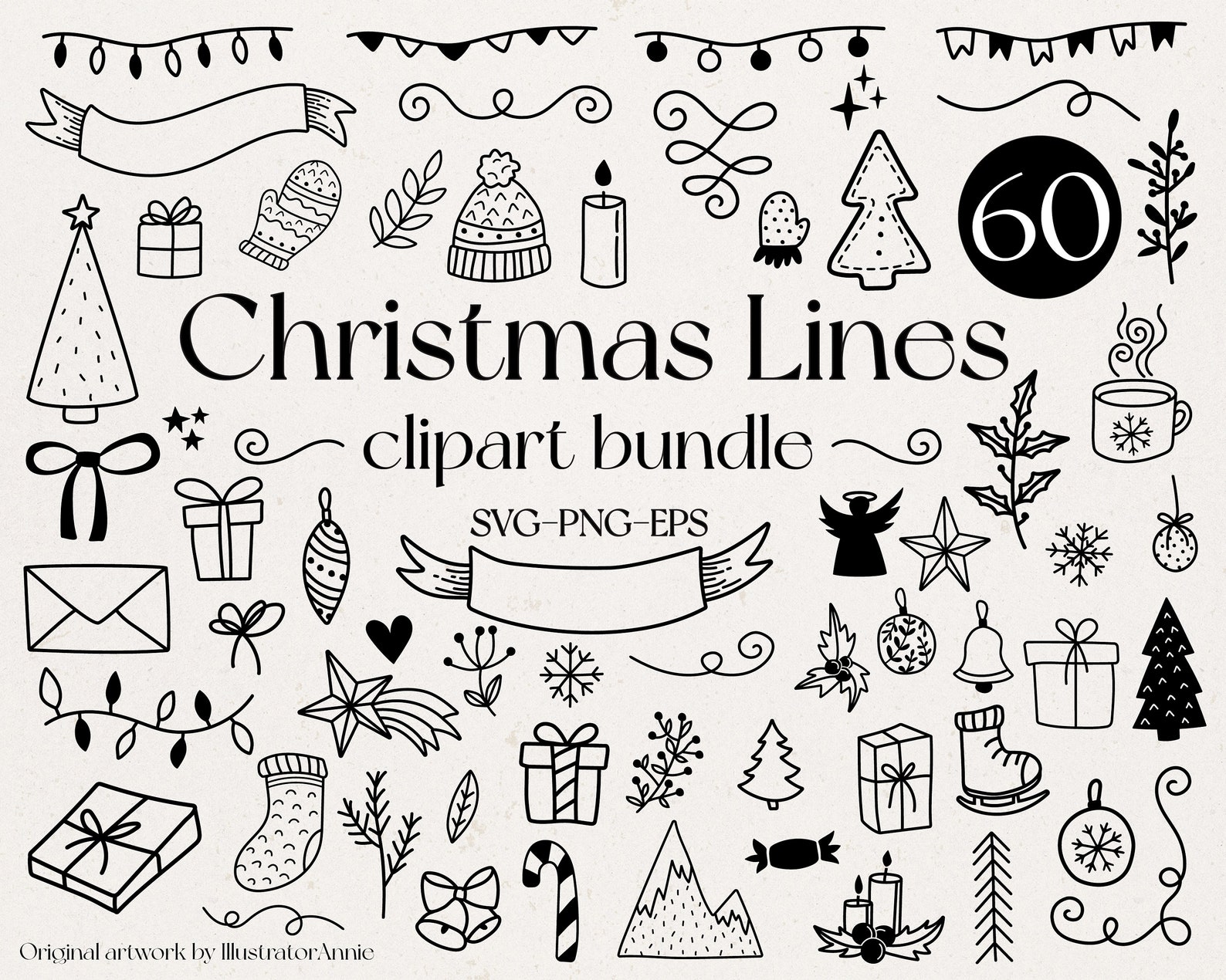 Christmas Line Art Clipart SVG Bundle Commercial Use - Etsy