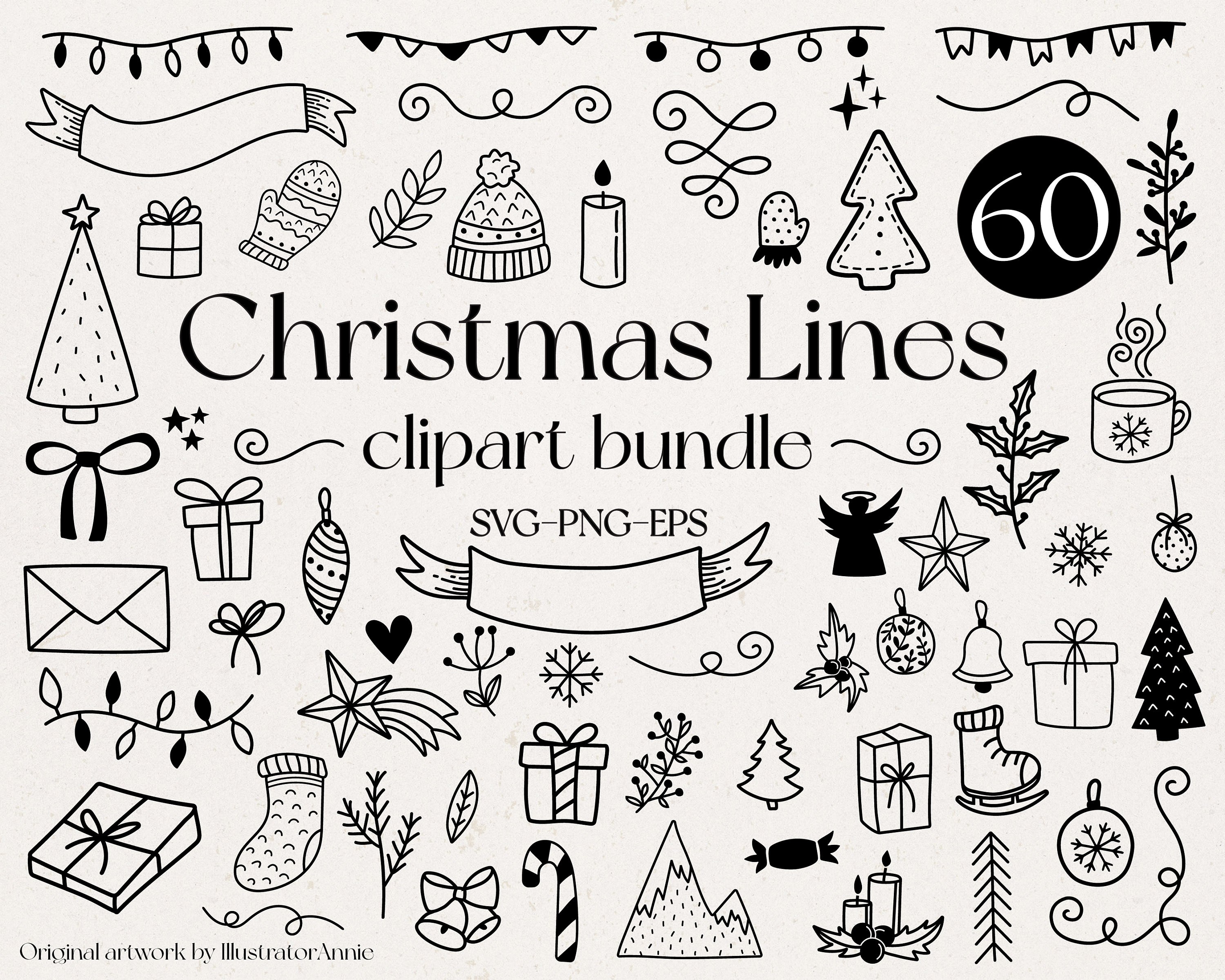 Christmas Line Art Clipart SVG Bundle Commercial Use - Etsy