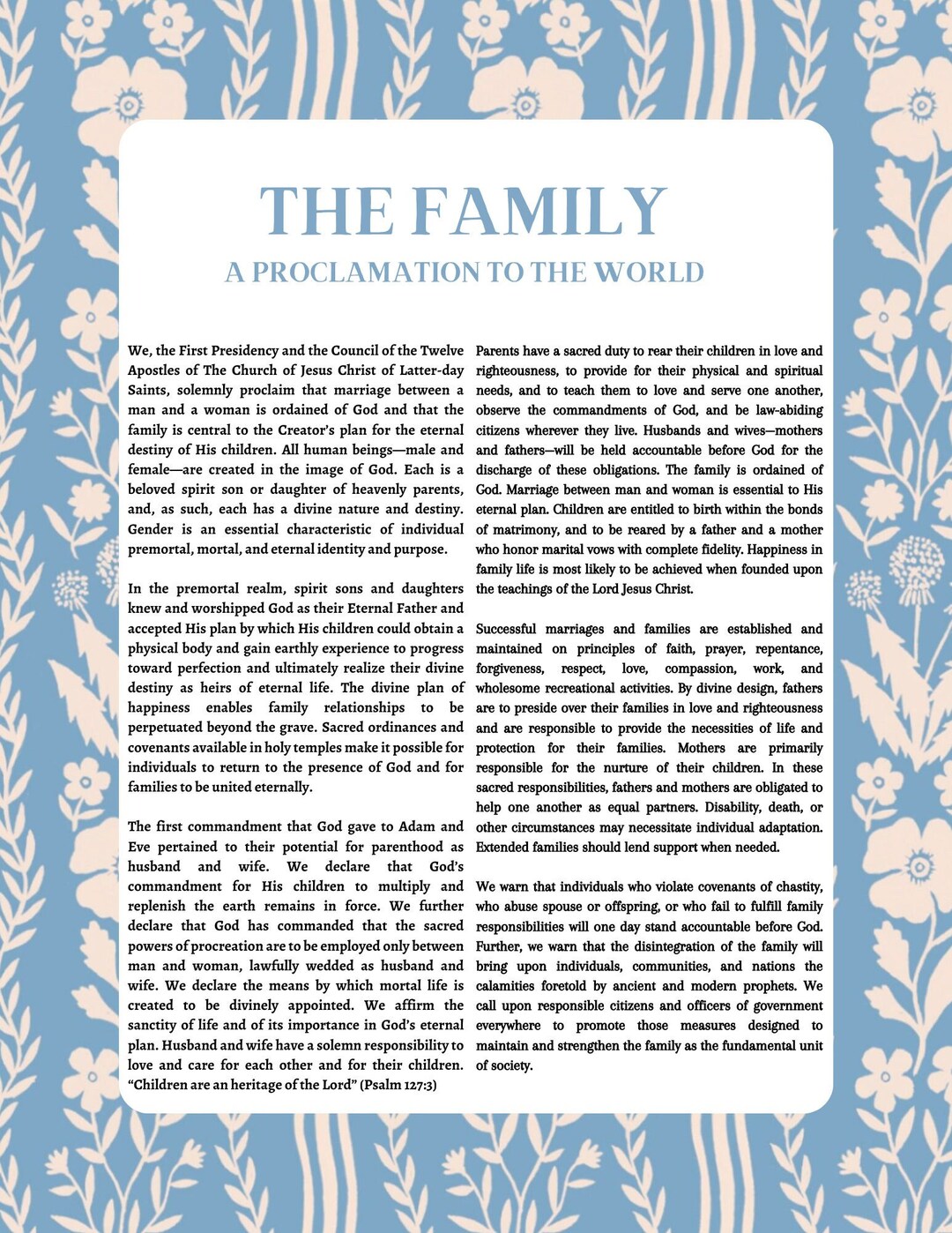 Family Proclamation Blue and White Floral Download - Etsy